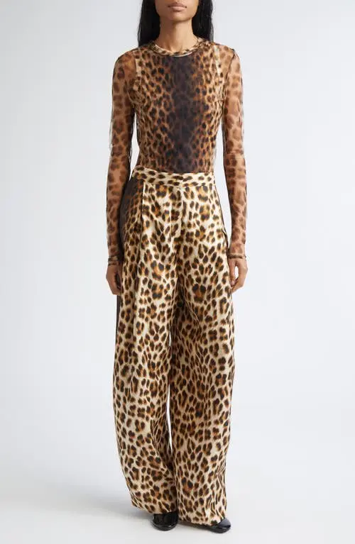 Sportmax Oblo Leopard Print Silk Twill Wide Leg Pants - Camel