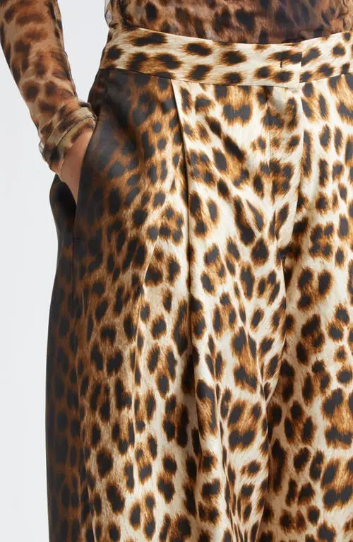 Sportmax Oblo Leopard Print Silk Twill Wide Leg Pants - Camel