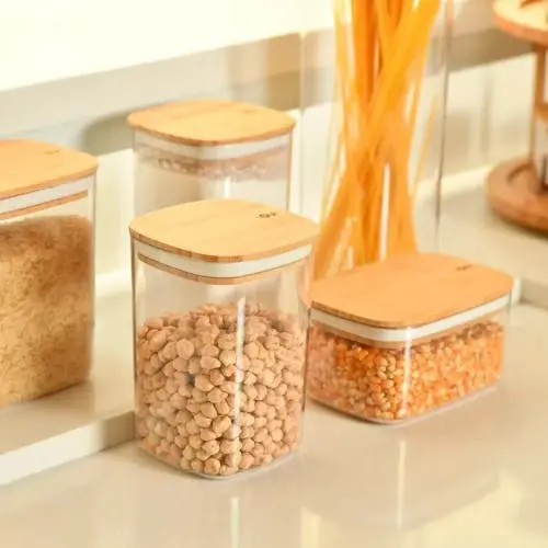 OU Stackable Airtight Food Storage Container Set With Wood Lid 8 Piece
