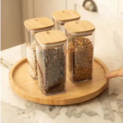 OU Stackable Airtight Food Storage Container Set With Wood Lid 8 Piece