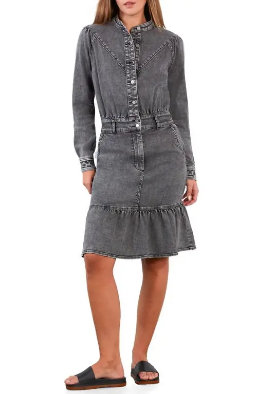 WASH LAB DENIM Ruffle Hem Long Sleeve Denim Dress - Ash Grey