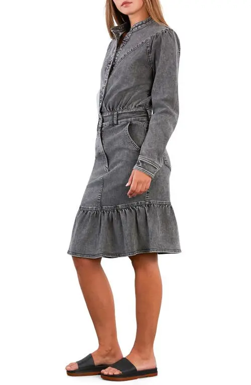 WASH LAB DENIM Ruffle Hem Long Sleeve Denim Dress - Ash Grey