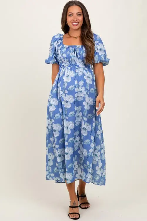 PINKBLUSH Floral Print Square Neck Puff Sleeve Midi Dress