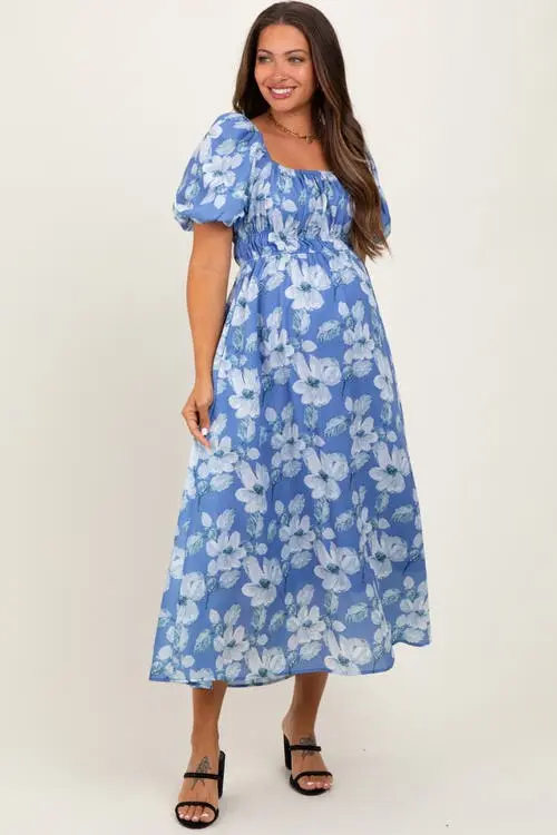 PINKBLUSH Floral Print Square Neck Puff Sleeve Midi Dress