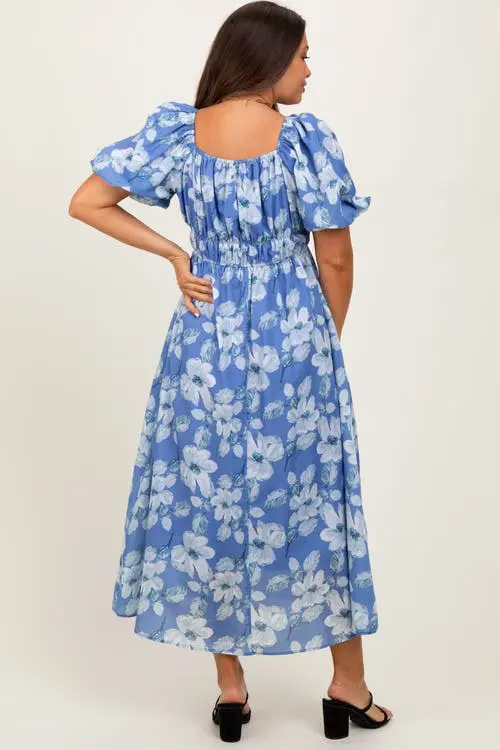 PINKBLUSH Floral Print Square Neck Puff Sleeve Midi Dress