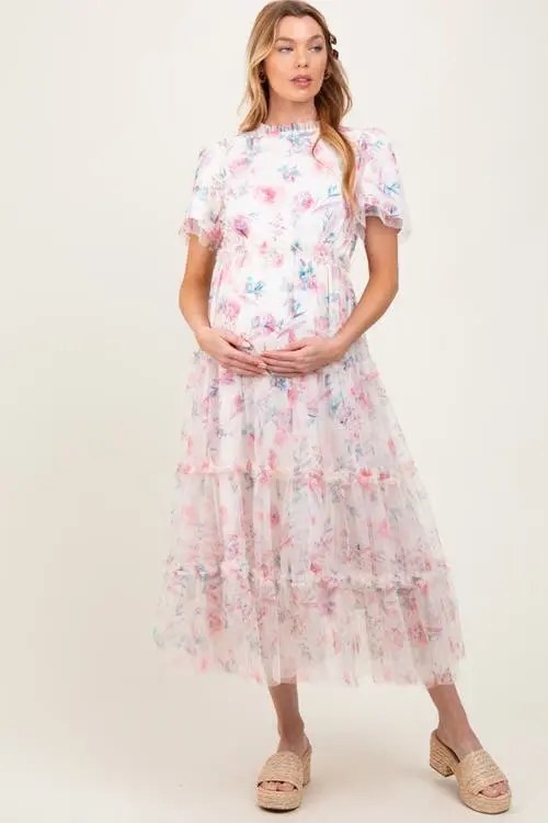 PINKBLUSH Floral Mesh Ruffle Tiered Midi Dress