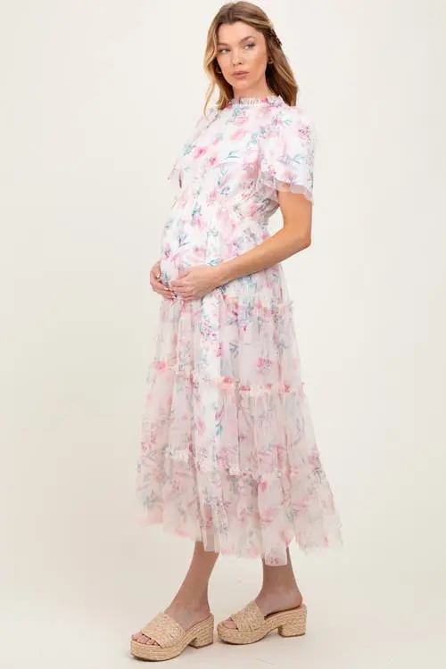 PINKBLUSH Floral Mesh Ruffle Tiered Midi Dress