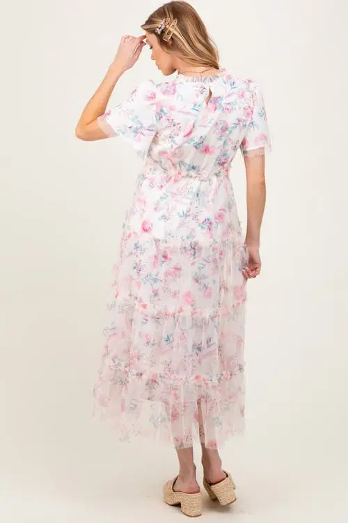 PINKBLUSH Floral Mesh Ruffle Tiered Midi Dress