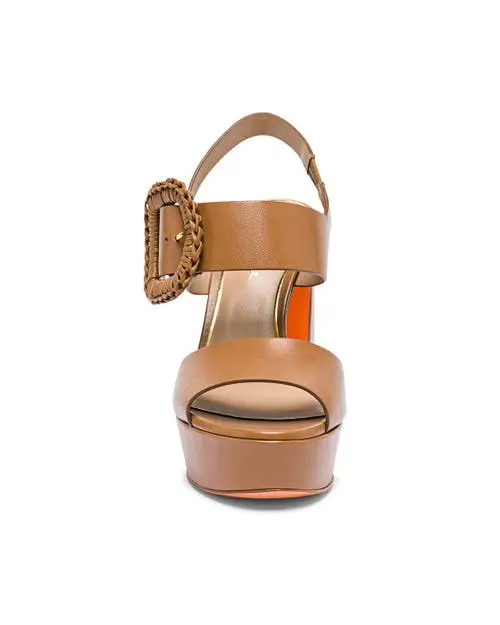 Santoni Leather High-heel Platform Sandals With Woven Buckle - Light Brown