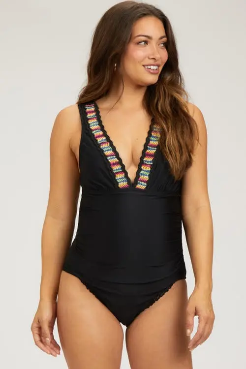 PINKBLUSH Crochet Accent Sleeveless Maternity One Piece Swimsuit - Black