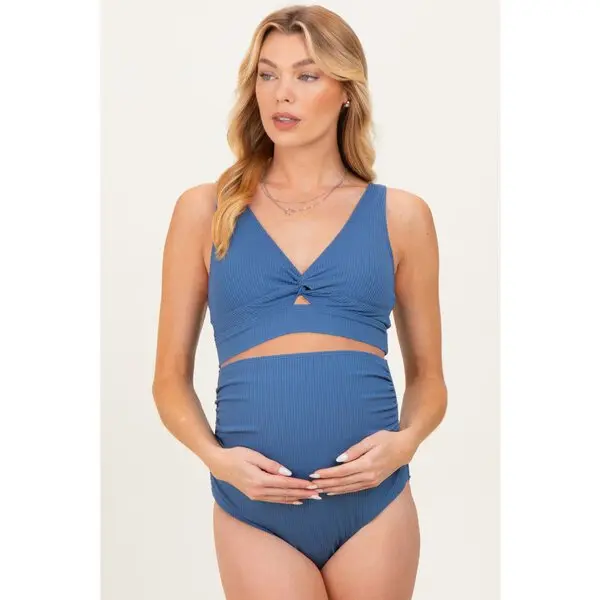 PINKBLUSH Ribbed Twist Front Cutout Two Piece Maternity Swimsuit - Blue