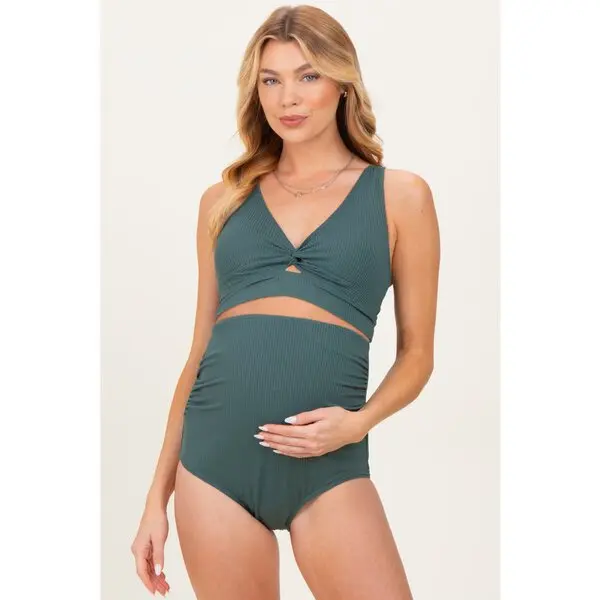 PINKBLUSH Ribbed Twist Front Cutout Two Piece Maternity Swimsuit - Green