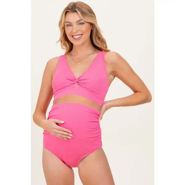 PINKBLUSH Ribbed Twist Front Cutout Two Piece Maternity Swimsuit - Pink