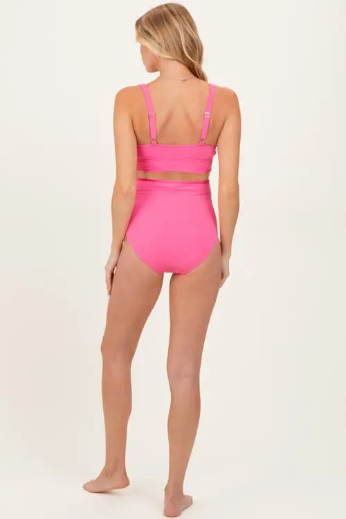 PINKBLUSH Ribbed Twist Front Cutout Two Piece Maternity Swimsuit - Pink