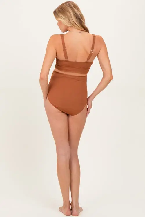PINKBLUSH Ribbed Twist Front Cutout Two Piece Maternity Swimsuit - Rust