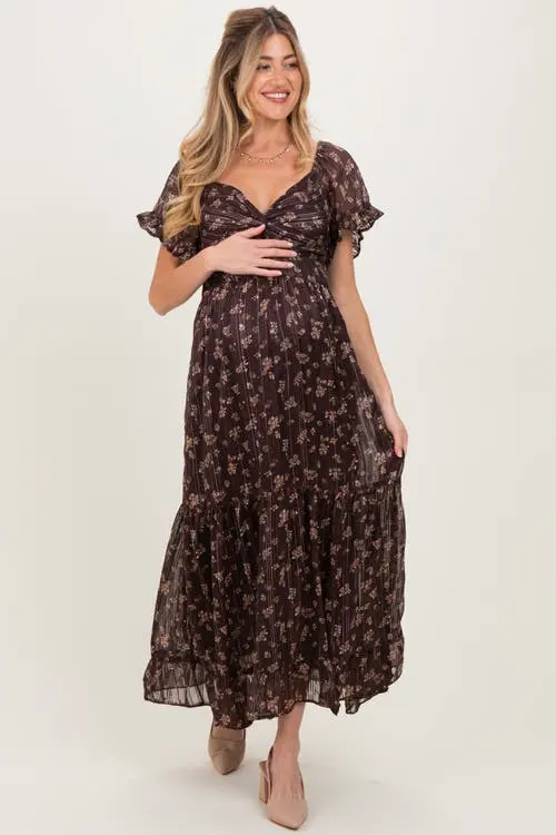 PINKBLUSH Floral Stripe Twist Front Cutout Maxi Dress