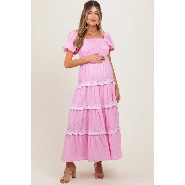 PINKBLUSH Smocked Ruffle Tiered Puff Sleeve Maxi Dress - Pink