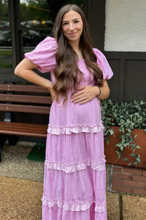PINKBLUSH Smocked Ruffle Tiered Puff Sleeve Maxi Dress