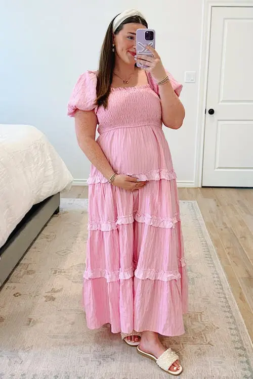 PINKBLUSH Smocked Ruffle Tiered Puff Sleeve Maxi Dress