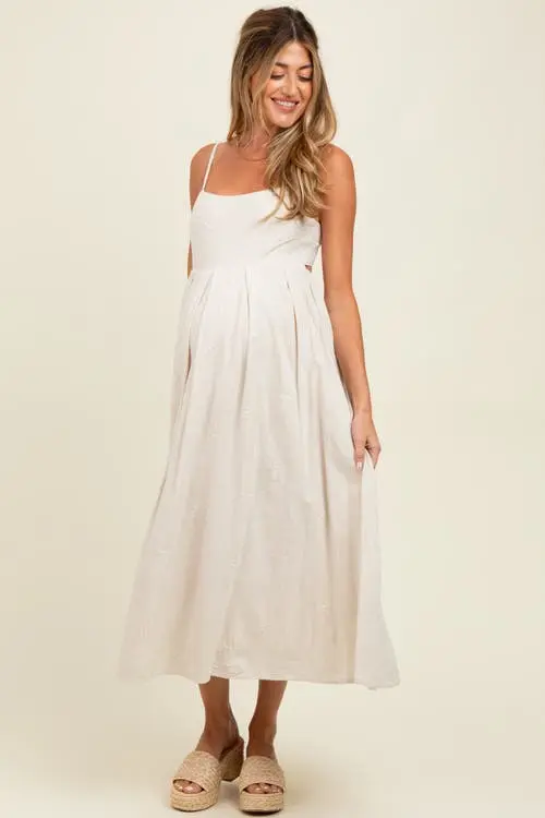 PINKBLUSH Linen Ribbon Pattern Embroidered Midi Dress