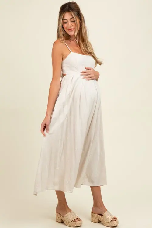 PINKBLUSH Linen Ribbon Pattern Embroidered Midi Dress