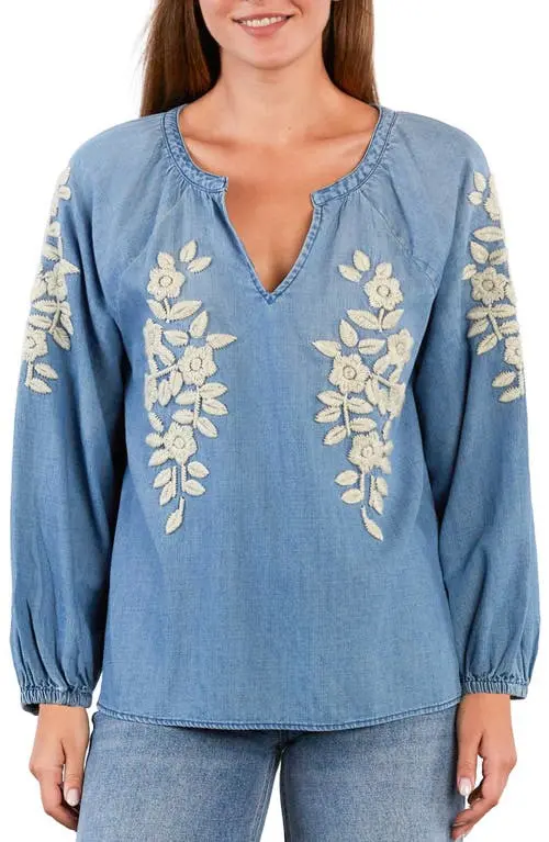 BILLY T Floral Embroidered Popover Top