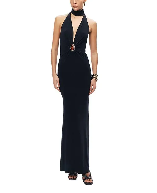 NOCTURNE Halter-neck Draped Maxi Dress - Black