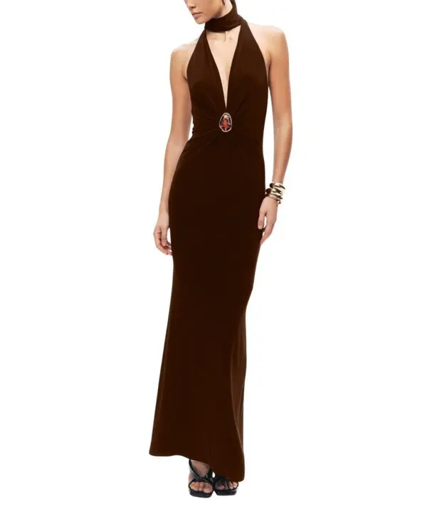 NOCTURNE Halter-neck Draped Maxi Dress - Brown