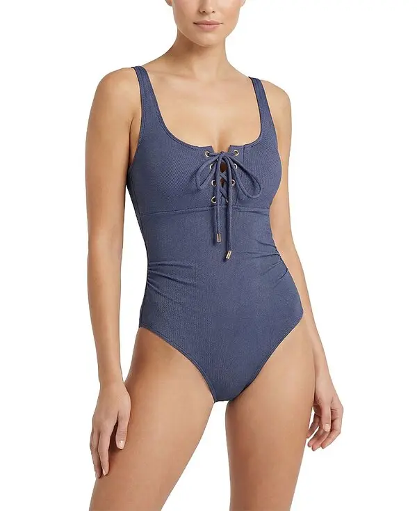 CHANGE OF SCENERY Taylor Lace-up Underwire One-piece Swimsuit - Indigo Twill
