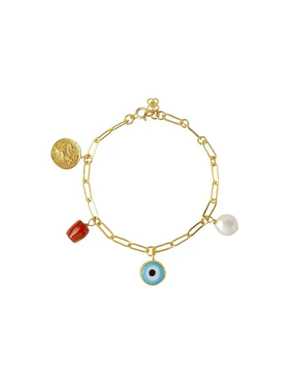 OTTOMAN HANDS Cornicello Evil Eye And Pearl Charm Bracelet - Gold