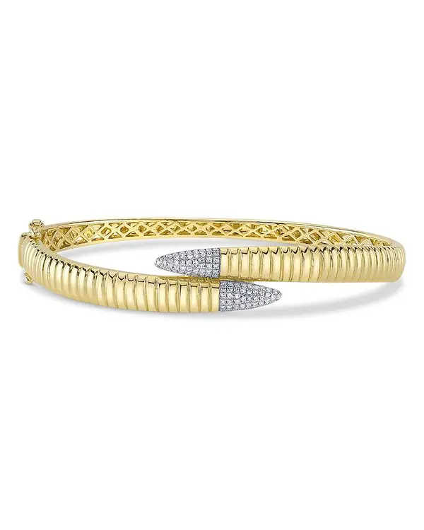 SHY CREATION 14k Yellow Diamond Pave Ridge Texture Bypass Bangle Bracelet - Gold