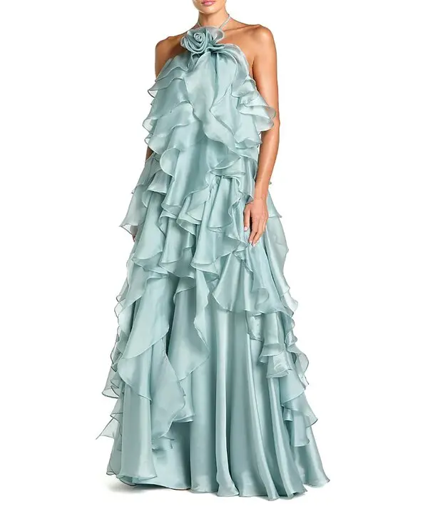 Mac Duggal Organza Halter Neck Open Back Ruffle Gown - Mint