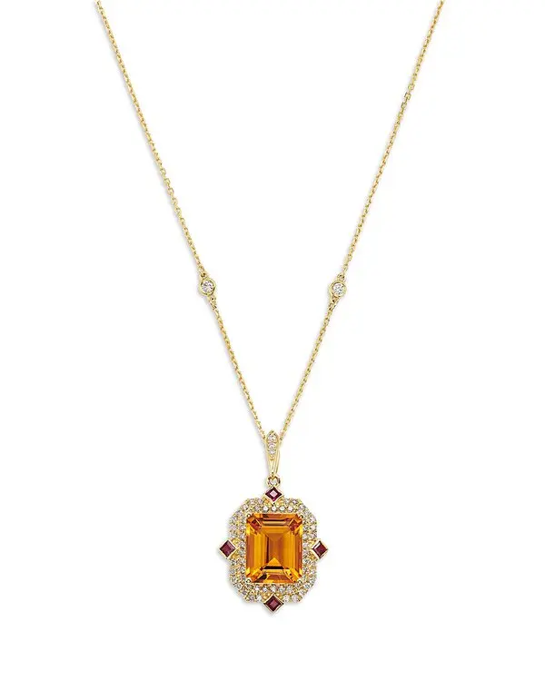 Bloomingdale'S 14k Yellow Citrine, Ruby & Diamond Halo Pendant Necklace - Gold