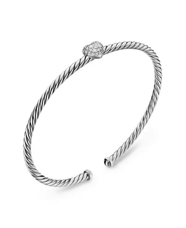 David Yurman Sterling Silver Cable Flex Heart Station Bracelet With Diamonds, 2.6mm