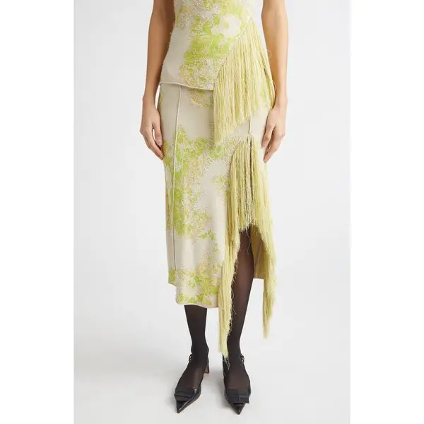 Erdem Floral Jacquard Pencil Skirt With Fringe Trim - Chartreuse