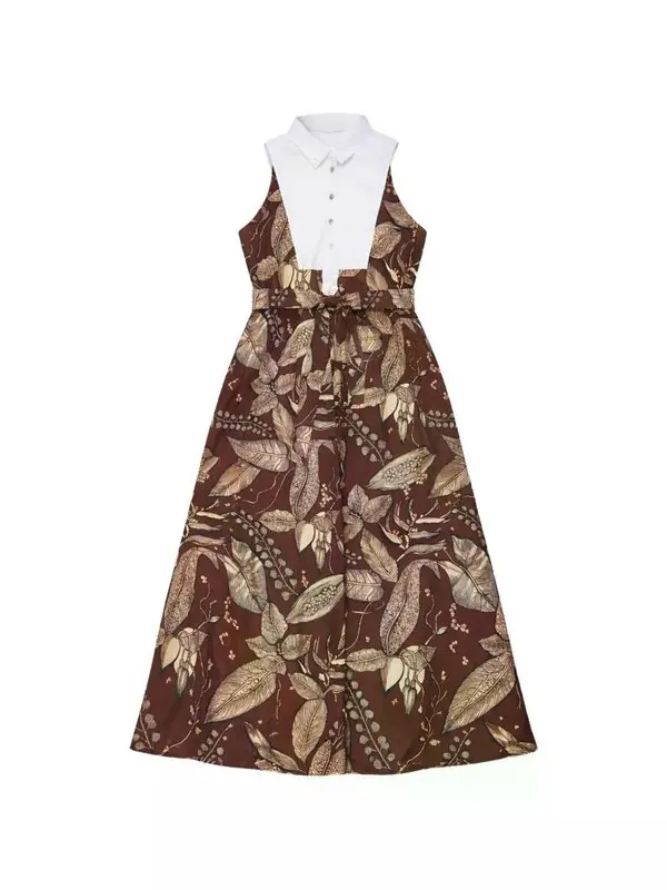 PSOPHIA Retro Bloomleaf Print Tie Midi Dress - Brown