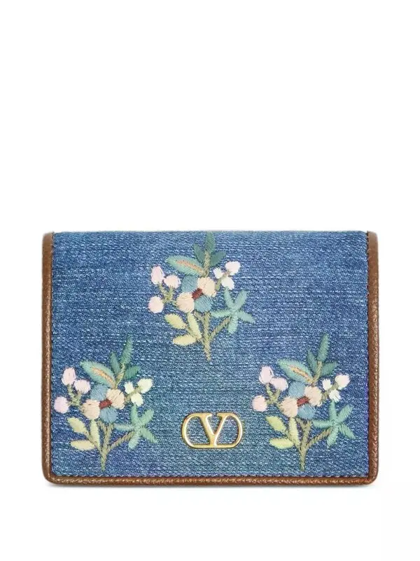 Valentino Garavani Vlogo Signature Wallet In Denim With Floral Embroidery - Blue
