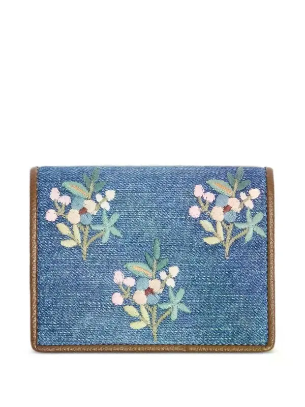 Valentino Garavani Vlogo Signature Wallet In Denim With Floral Embroidery - Blue