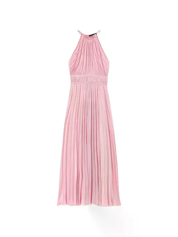 Maje Halterneck Pleated Maxi Dress With Smocked Waist