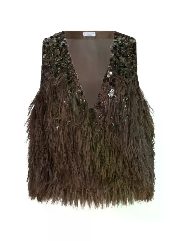 Brunello Cucinelli Sequin Fringed Vest - Brown