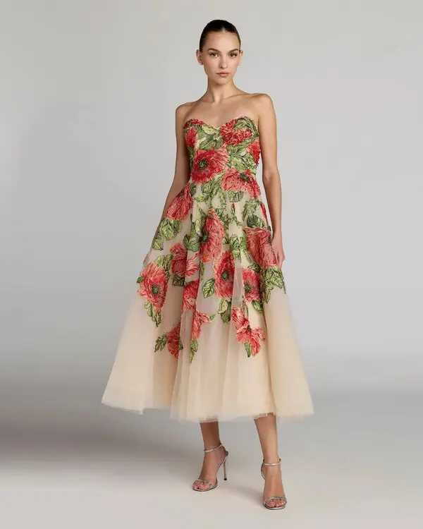 Mac Duggal Floral Embroidered Tulle Midi Dress