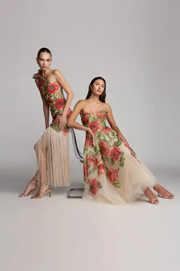 Mac Duggal Floral Embroidered Tulle Midi Dress