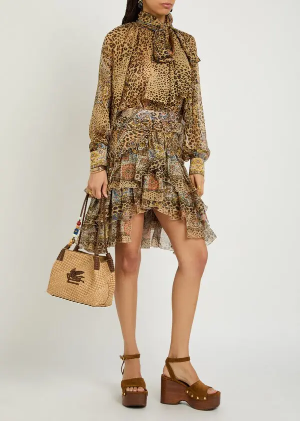 Etro Leopard-print Frill Silk Mini Skirt - Multicoloured 1