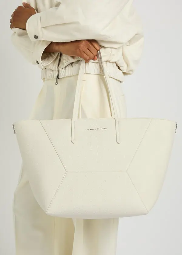 Brunello Cucinelli Grained Leather Tote Bag - Cream