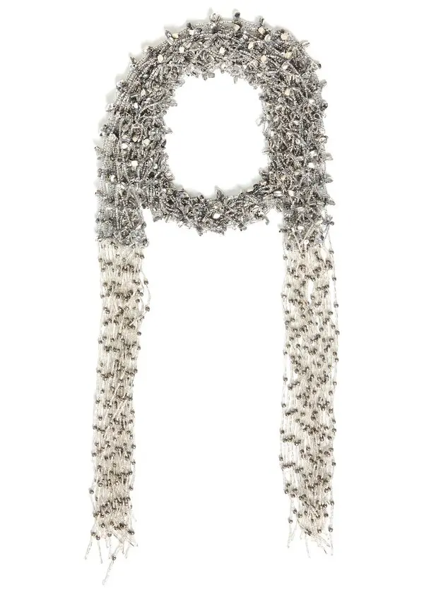 Dries Van Noten Fringed Beaded Scarf Necklace - Silver