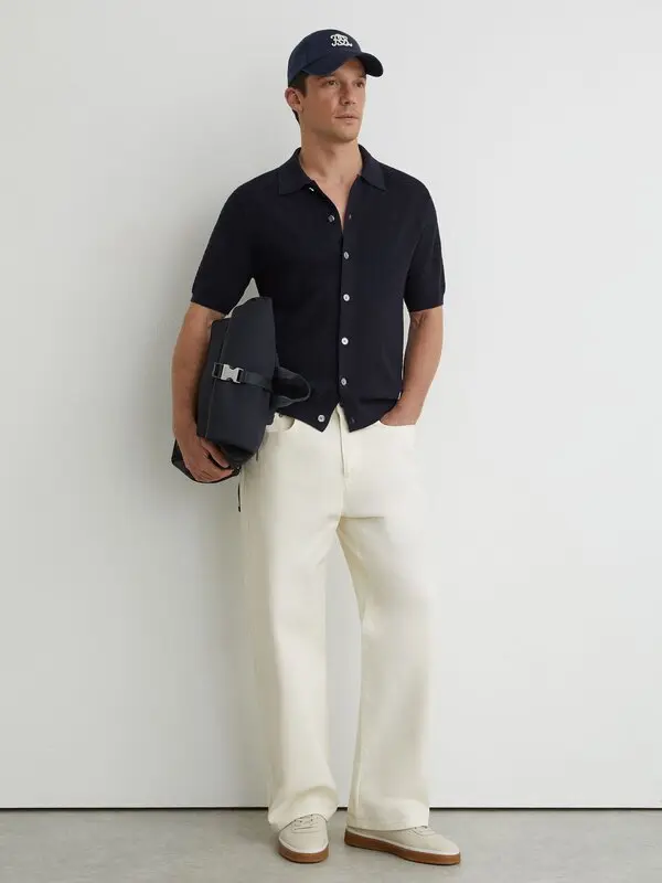 REISS Phoenix Textured-knit Button-through Shirt - Navy