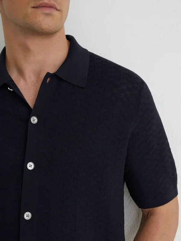 REISS Phoenix Textured-knit Button-through Shirt - Navy
