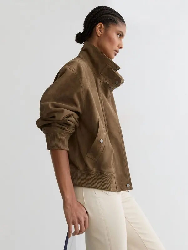 REISS Cara Suede Bomber Jacket - Neutral
