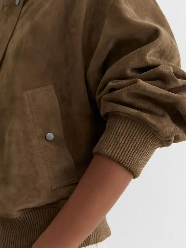 REISS Cara Suede Bomber Jacket - Neutral
