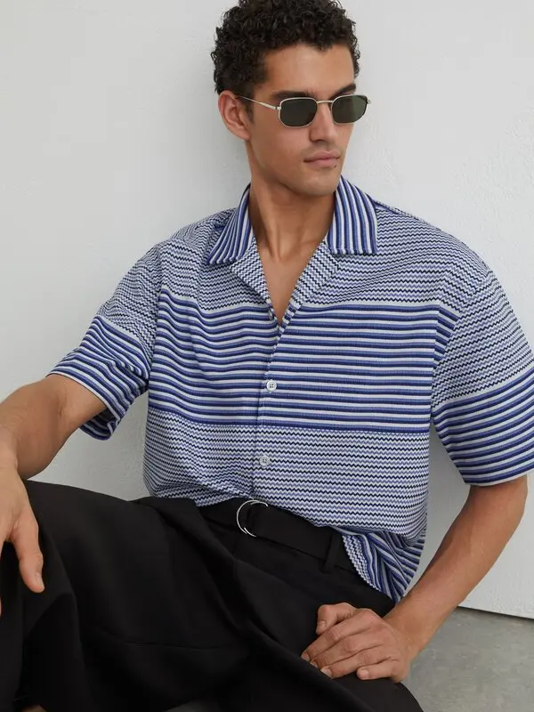 REISS Solstice Striped Cuban-collar Shirt With Cotton - Bright Blue